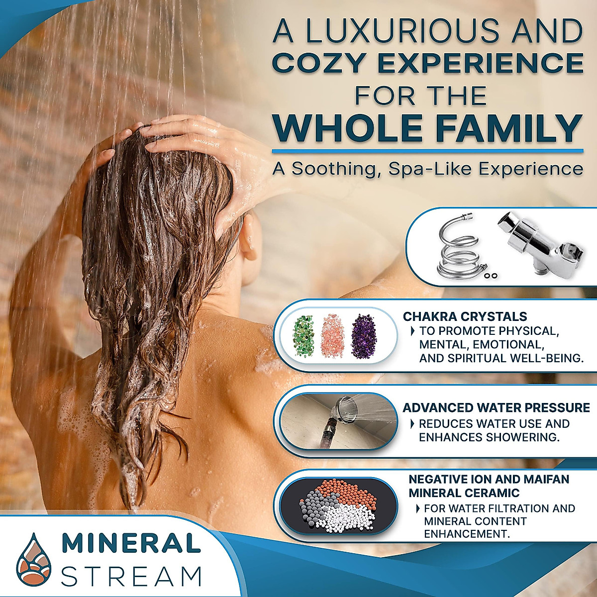 MineralStream Chakra Showerhead Kit with Replacement Beads + Natural Therapeutic Crystals + Shower Arm Diverter + 1.5m Hose | For Luxurious Spa like Experince
