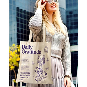 Miss Adola Aesthetic Canvas Tote Bag with Pattern for Women, Butterfly Gratitude Inspirational Quotes Design, Casual Sturdy Cloth Cotton Totes Bag for Vacation, Shopping, Grocery, Gym