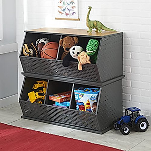 Badger Basket Metal and Bamboo Two Bin Stackable Charcoal/Natural Toy Storage Cubby
