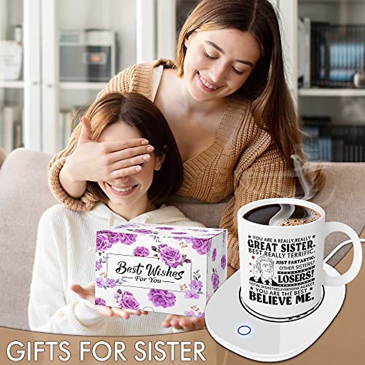 Sisters Gifts from Sister - Mothers Day Birthday Gifts for Sister - Best Bday Gift for Big Little Sister, Smart Warmer Thermostat Coaster with Mug, Beverage Warmer Maintain Temperature 120℉-140℉