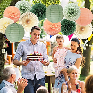 Sage Green and Peach Party Decorations Olive Green Sage Cream Peach Tissue Paper Pom Poms Lanterns Confetti Dots Scatter Table Decoration for Bridal Shower Wedding Engagement Birthday Party Decoration