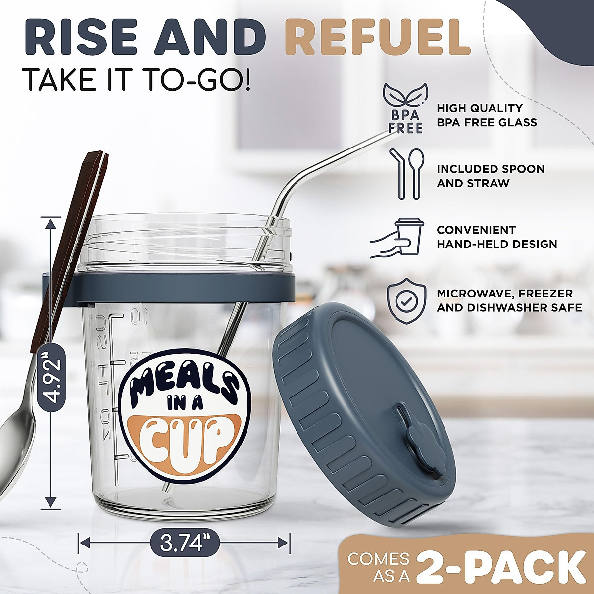Meals In A Cup 2 Pack Overnight Oats Containers with Lids and Spoons - 16 Oz Glass Mason Jars for Overnight Oats, Leak Proof Oatmeal Container, Meal Prep Jars for Milk, Cereal, Yogurt, Fruit (Grey)