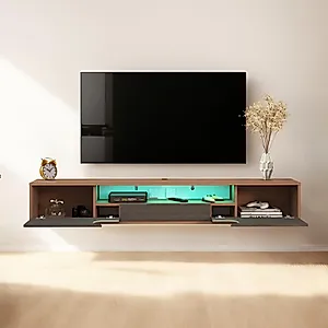 Pmnianhua Floating TV Stand with LED Lights,70'' Wall Mounted TV Cabinet Floating Under TV Shelf Media Console Entertainment Center with Storage Living Room Playroom Bedroom(Walnut)