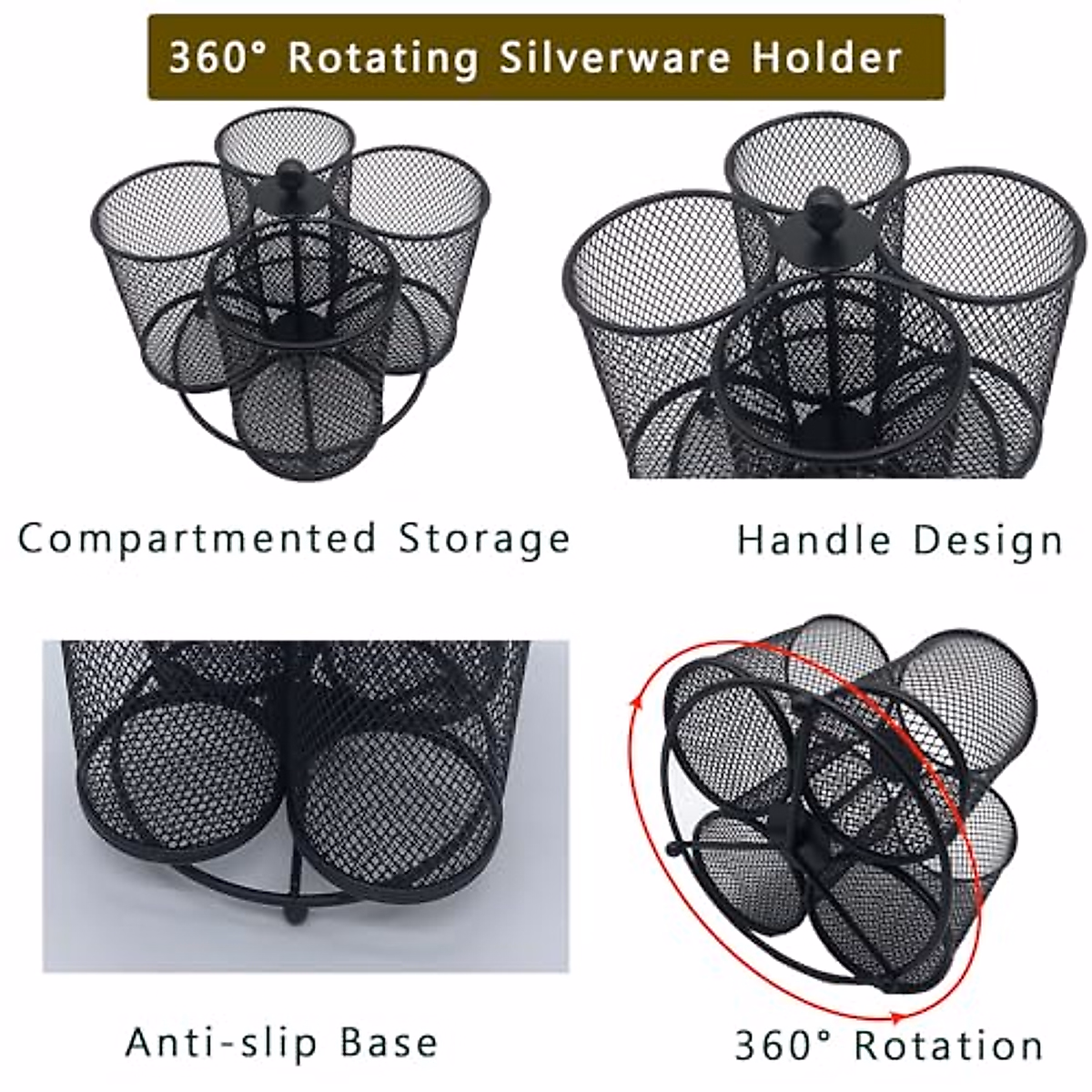 BESSKON 360° Rotating Kitchen Silverware Organizer,Utensil Organizer,4 Compartment Flatware Organizer,Countertop Utensil Holder for Spatula,Knives,Spoons and Forks,Counter Cutlery Caddy for Party