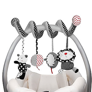 Genius Baby Toys Car Seat Toys for Infants - High Contrast Colors That Baby Sees Best - Easy to Attach - Car Seat Toy to Entertain Baby During Car Rides - Includes 4 Removable Toys on Spiral