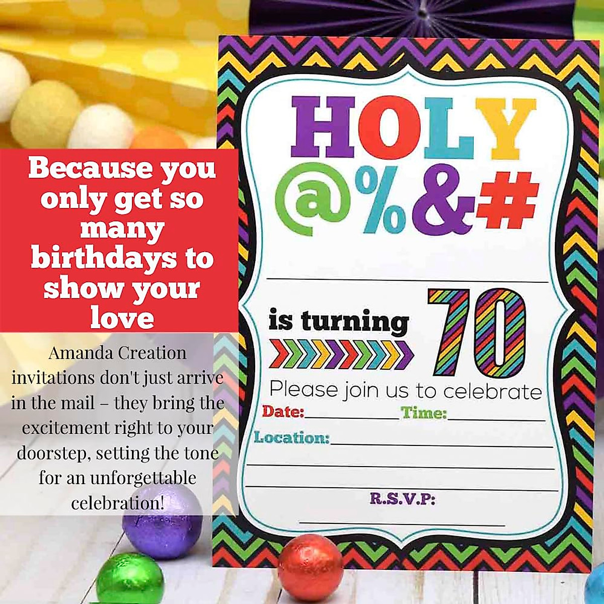 HOLY @% 70th Birthday Party Invitations, 20 Funny 5x7 Fill In Cards with Twenty White Envelopes for Milestone Birthdays by AmandaCreation