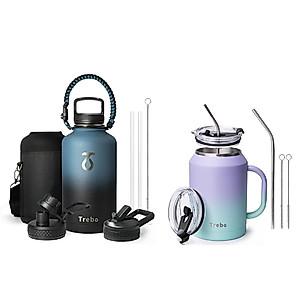 Trebo Water Bottle 64oz with Paracord Handle, Half Gallon Food-grade Double Wall Vacuum Stainless Steel Insulated Jug with Straw Spout Handle Lids,&Trebo 50 oz Mug Tumbler with Handle, Coffee Cup