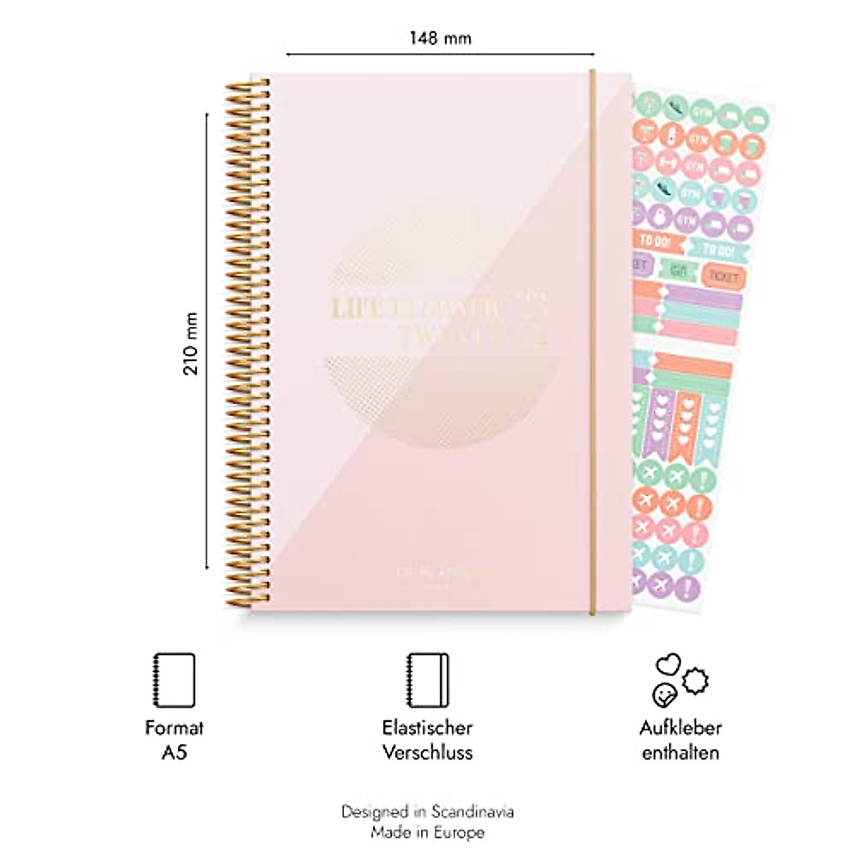 Burde Calendar 2023 2024 Life Planner Pink | August 25 2023 to Jul 31 2024 | in German | 120 gsm Paper | Pink | 21.5 x 16 cm | Weekly Planner | With Stickers