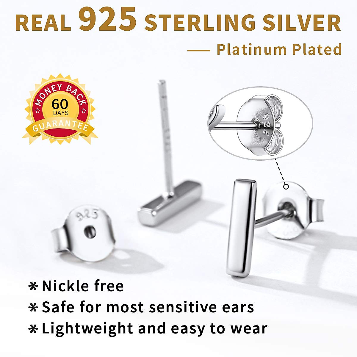 ChicSilver Minimalist Bar Earrings for Women Hypoallergenic 925 Sterling Silver Simple Small Geometric Stud Earrings for Sensitive Ears Valentines Day Gifts for Mothers Day