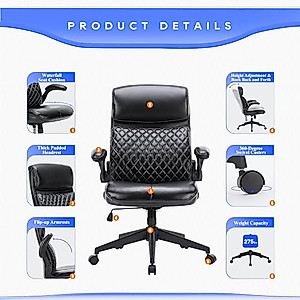 COLAMY Ergonomic Office Chair, Executive Desk Chair, Leather Office Chair with Padded Flip-up Arms, Adjustable Height Swivel Rolling Work Chair-Black