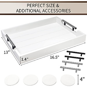 SXNOWS White Wooden Coffee Table Tray - Large Ottoman Tray for Living Room - White Wooden Serving Tray with Handles(2 Sets) - Wooden Serving Tray for Ottoman, 4 Round Coasters Included