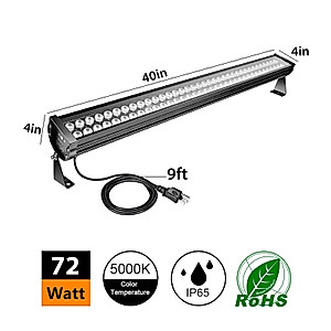72W LED Wall Washer Light, 40" LED Light Bar, 120V 5000K Daylight White Linear Strip Light, IP65 Waterproof Outdoor Wall Washer Lighting for Landscape, Church, Ads, Yard, Garden