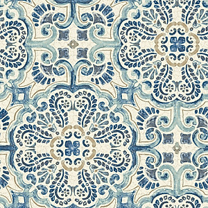 NuWallpaper NU2235 Florentine Tile Peel & Stick Wallpaper, Blue