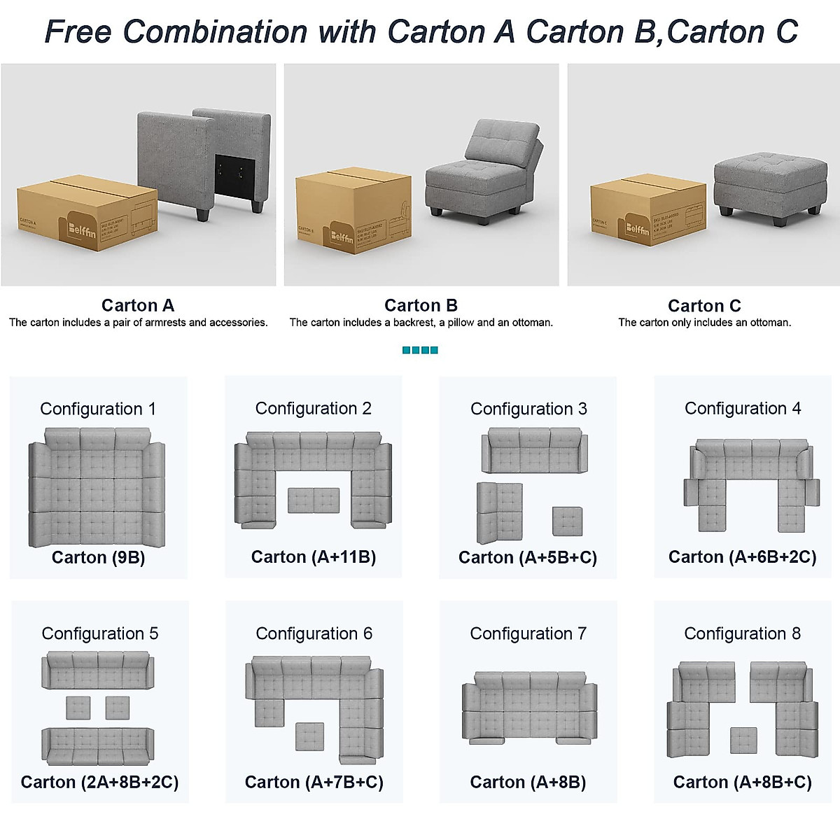 Belffin Modular U Shaped Sectional Sofa Couch with Reversible Chaises 6-seat Sectional Couch with Storage Seat Modular Sectional Set with Ottomans Light Grey