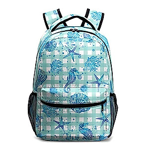 Dacawin Kids Ocean Backpack Blue School Backpacks Ocean Starfish Scallop Bookbag Blue Plaid School Bag Lightweight Casual Daypack Backpacks with Chest Strap