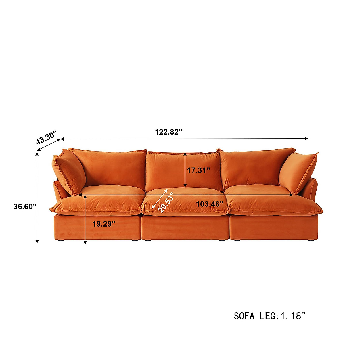 WJShome 122.82" Cloud Modular Sectional Sofa, Velvet Sectional Couches for Living Room,3 Seats Living Room Sets,Cushion Covers Removable& Replaceable, Orange