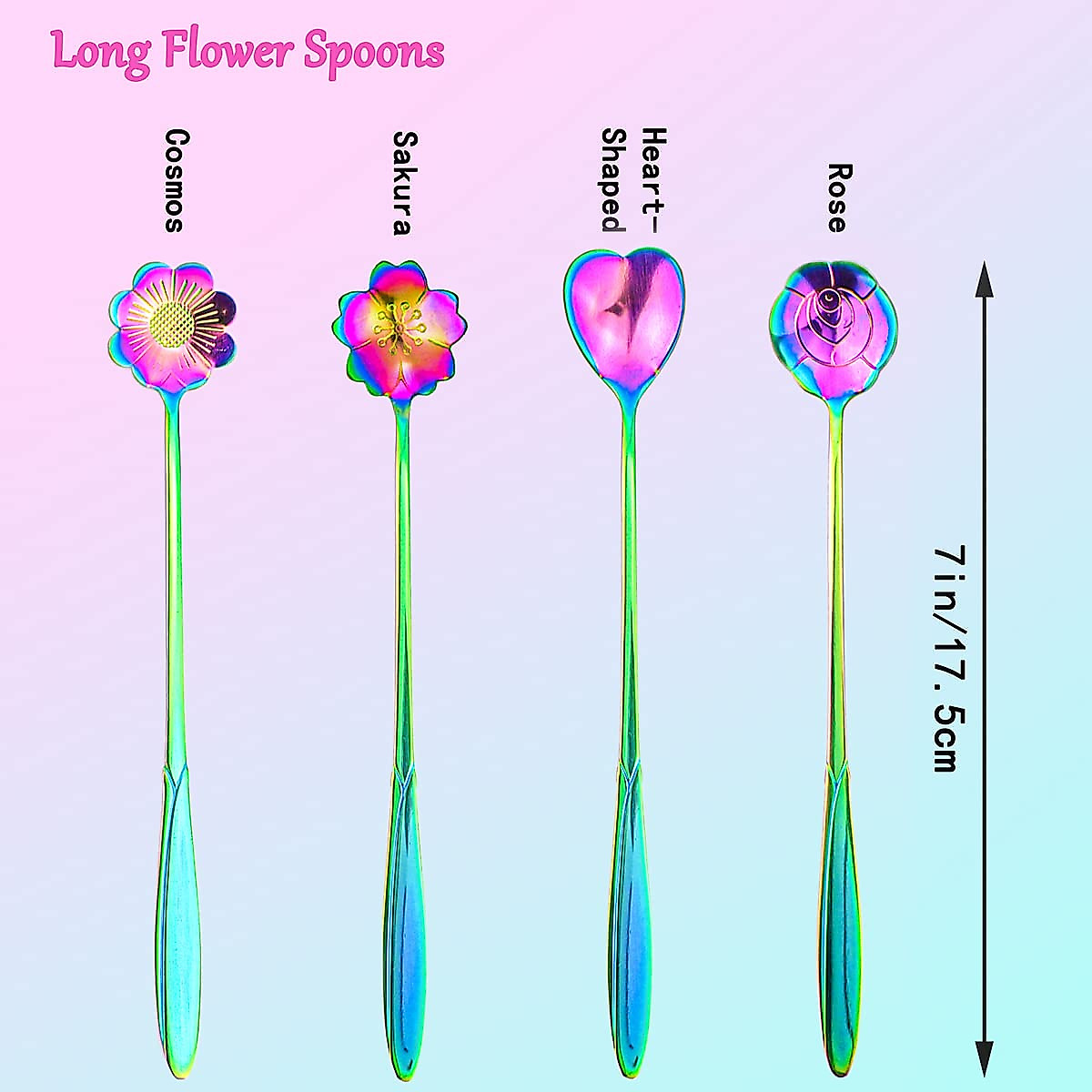 Flower Spoon Set of 4 PCS, LEEFONE 7" Flower Pattern Long Handle Spoon Stainless Steel Reusable Tea Scoops Stirring Spoon Ice Cream Spoon Coffee Spoon Sugar Dessert Cake Spoon (Rainbow)
