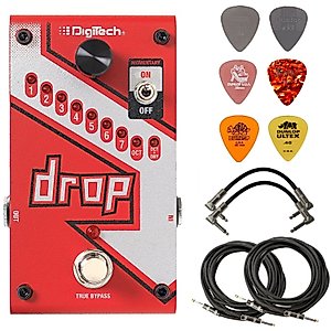 Digitech DROP Polyphonic Drop Tune Pitch-Shifter Pedal Bundle with 2 Patch Cables, 2 Instrument Cables, and 6 Dunlop Picks