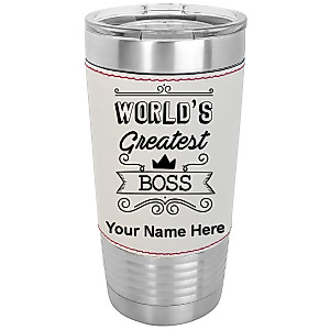 LaserGram 20oz Vacuum Insulated Tumbler Mug, World's Greatest Boss, Personalized Engraving Included (Faux Leather, Baseball Style)