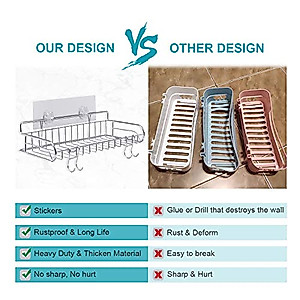 GEMITTO Shower Caddy, SUS304 Stainless Steel Self-Adhesive Bathroom Organizer Rack with 2 Stickers+2 Hooks, No Drilling for Shampoo Conditioner Kitchen Spice Storage Silver