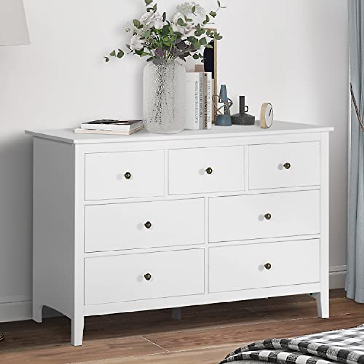 Yokstore White Dresser for Bedroom, 7 Drawer Dresser, Wooden Bedroom Dresser, Modern Storage Chest of Drawers for Living Room, Hallway, Entryway, Bedroom Furniture
