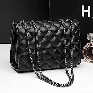 Small Quilted Crossbody Handbag or Shoulder Bag with Flap Purse with Chain Strap for Women (Black - Graphite Chain)
