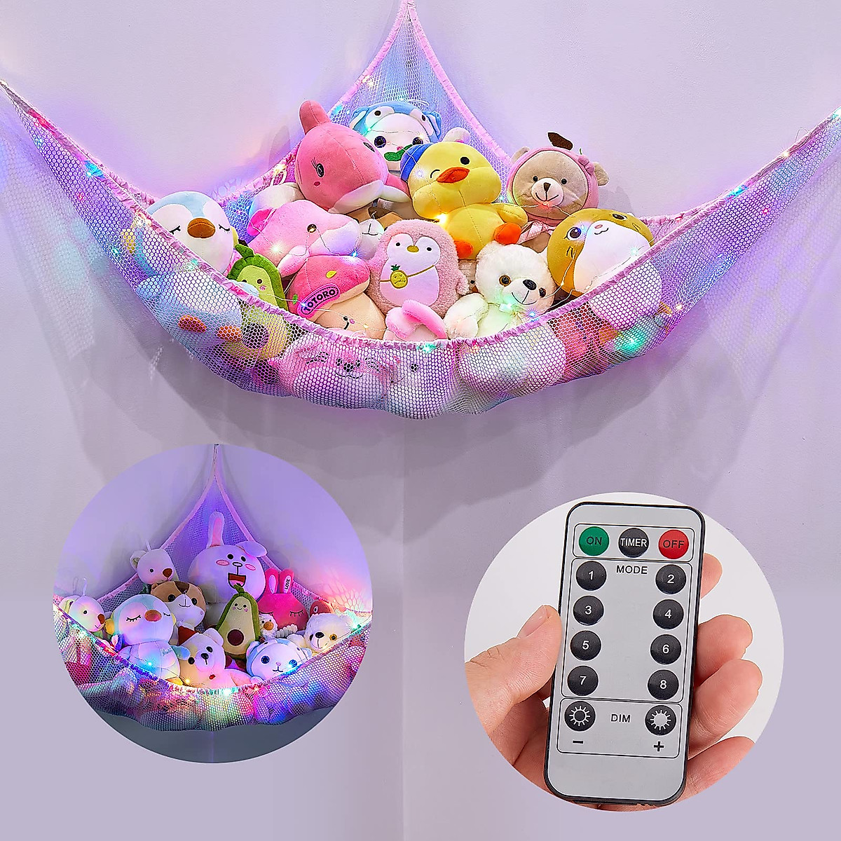 Basumee Stuffed Animals Net or Hammock with LED Light Hanging Toy Net Hammock for Stuffed Animals Storage Stuff Animals Hammocks for Nursery Kids Room with Remote Control, 8 Kinds of Lights(Pack of 1)