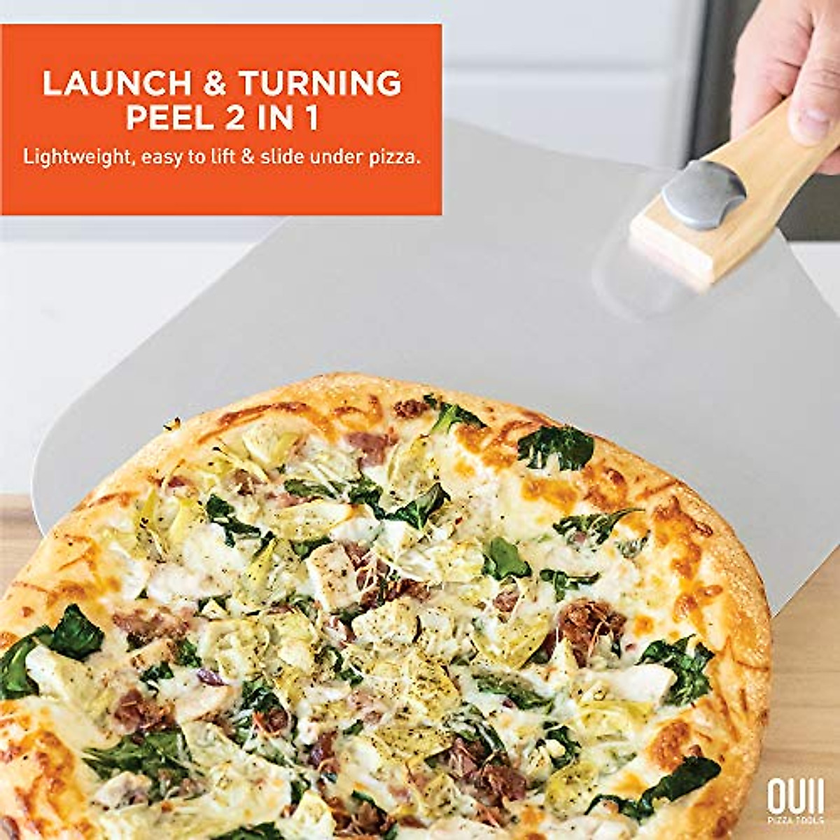 OUII Pizza Peel Aluminum Metal Pizza Paddle - 12 x 14 inch. Pizza Cutter Rocker 14'' Blade Pizza Spatula for Pizza Stone, Pizza Oven Accessories. Pastry, Dough, Bread Peel and Rocker Knife Pizza Tools