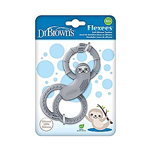 Dr. Brown's HappyPaci 100% Silicone Pacifier, Flexees Beaded Teether Rings, and Lovey Pacifier Holder & Teether Clip, Grey Sloth