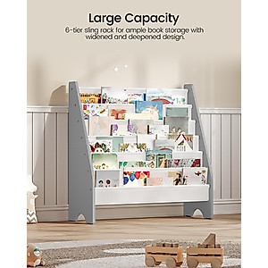 CHOEZON 6-Tier Kids Bookshelf, Kids Sling Bookcase, Magazine and Book Storage Rack, Large Capacity Book Organizer, Book Shelf for Kids Room, Bedroom, Nursery, Playroom, White and Gray MCW07WG