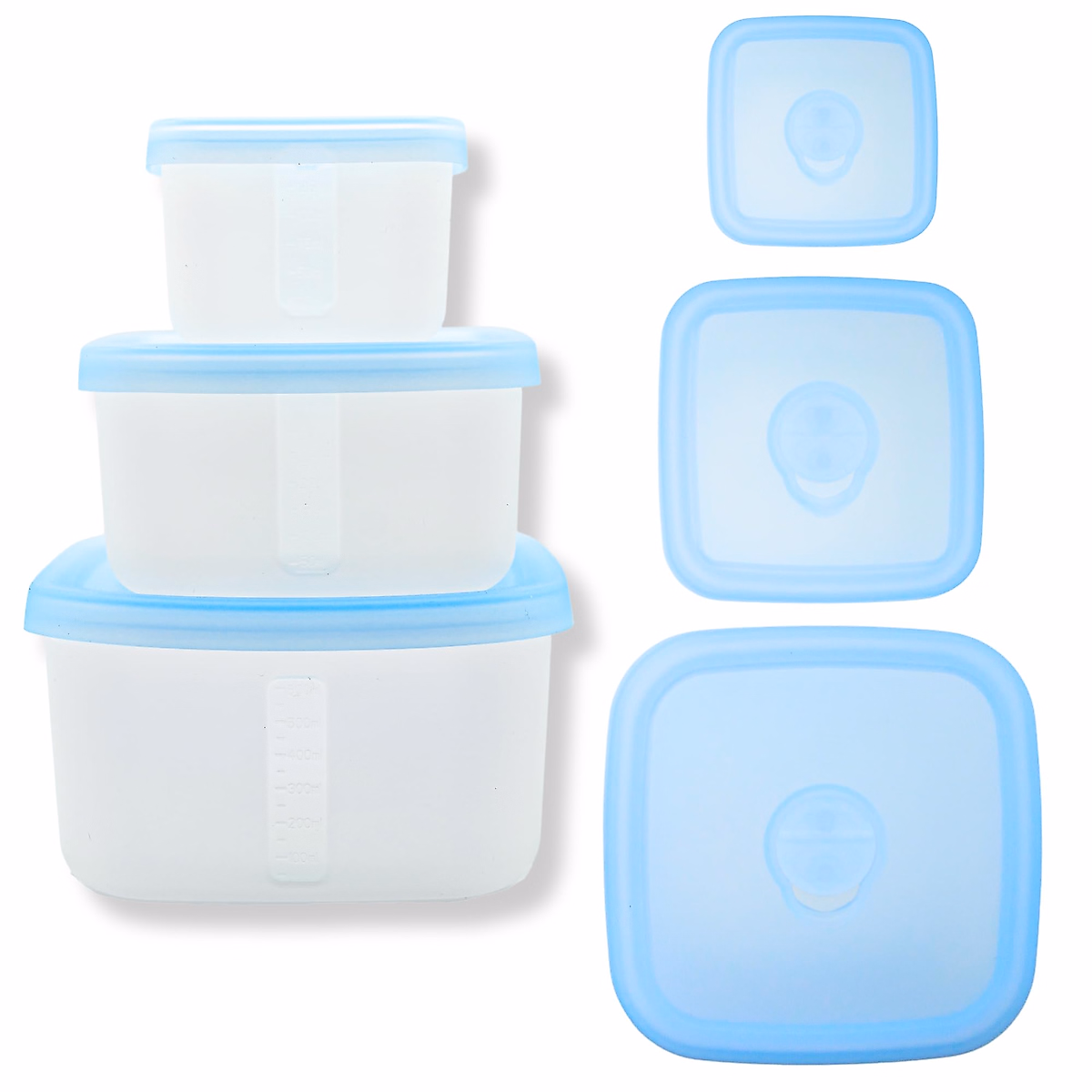 Bite&Eat Silicone Food Storage Containers | BPA Free, Airtight, Dishwasher, and Freezer Safe with Lids | Air Vent Nesting Containers Safe for Microwave | Set of 3 (5.7oz, 10oz, 20oz) - Blue/Clear