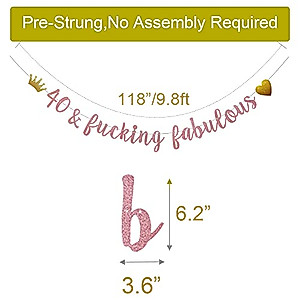 40 & Fucking Fabulous Banner, Pre-Strung, No Assembly Required, Funny Rose Gold Paper Glitter Party Decorations for 40th Birthday Party Supplies, Letters Rose Gold,ABCpartyland