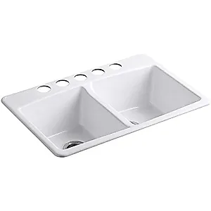 KOHLER K-5846-5U-0 Brookfield Under-Mount Double-Equal Bowl Kitchen Sink with 5 Oversized Faucet Holes, White