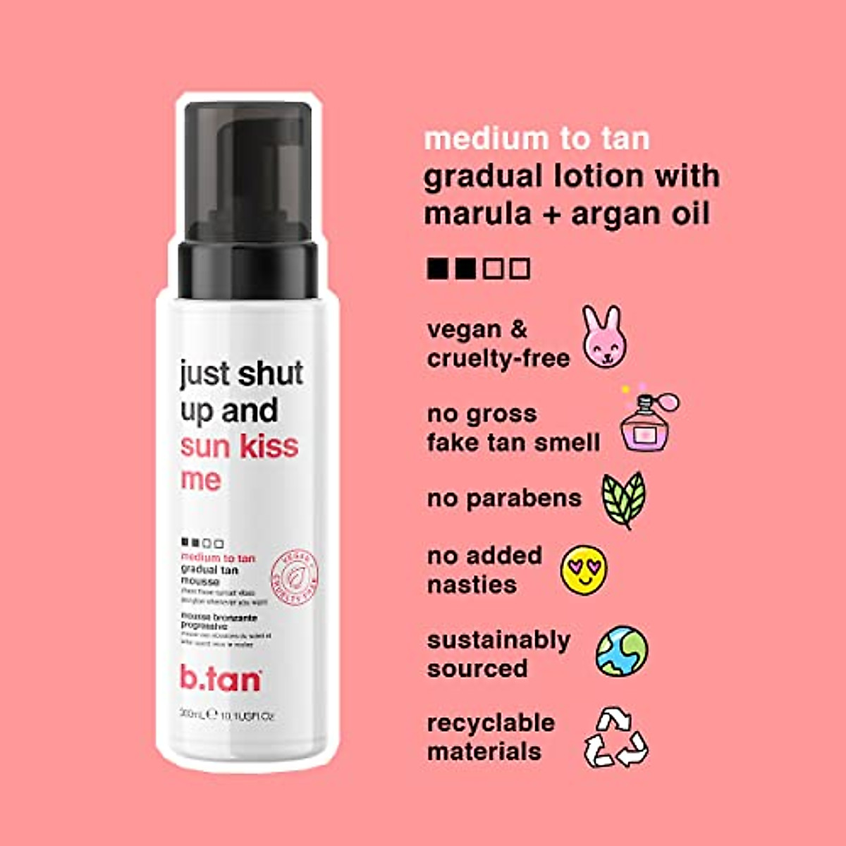 b.tan Medium Gradual Self Tanner Mousse | Just Shut Up and Sun Kiss Me - Lightweight, Hydrating, Daily Moisturizer to Build Luscious, Golden Glow, Vegan, Cruelty & Paraben Free, 10.1 Fl Oz