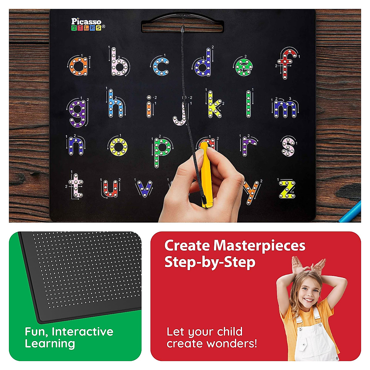 PicassoTiles 2-in-1 Magnetic Drawing Board Toy 12x10 inch Large Magnet Bead Tablet Pad with 2 Facings Alphabet STEM Free Style Educational Erasable & Reusable Learning Writing Playboard in Black PTB04
