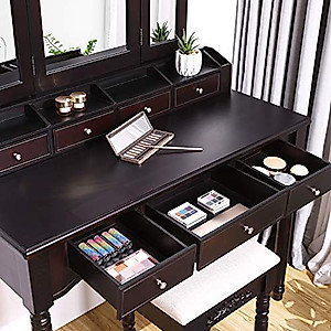 VASAGLE Vanity Makeup Set with 7 Drawers, 2 Brush Slots and 4 Open Compartments, Tri-Folding Mirror, Dark Espresso