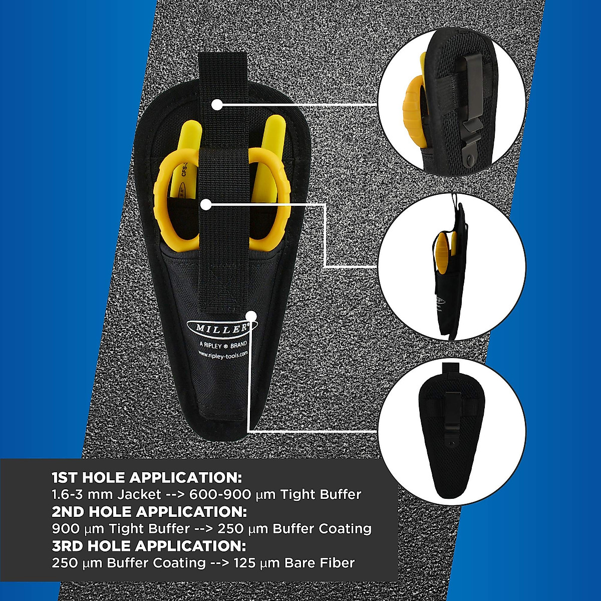 Miller MA01-7001 Kit, CFS-3 3-Hole Fiber Optic Cable Stripping Tool and KS-1 Kevlar Scissors, Easily Portable Tool Set with Belt Clip Pouch for Professional Electricians, Technicians, and Installers