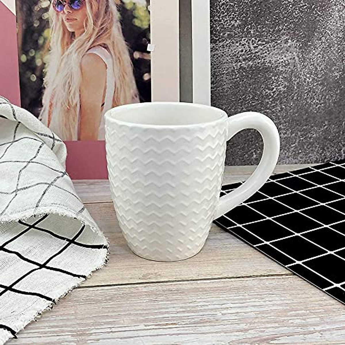 Schliersee White Ceramic Coffee Mugs set of 6, Stylish Embossed Coffee Cups Set with Different Patterns, for Coffee, Tea, Milk, Cocoa, Cereal (11.8 Ounce), for Christmas Gift