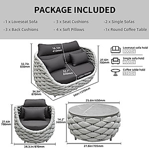TWT Patio Furniture Set 4 Pieces Aluminum Outdoor Furniture w/27.8in Coffee Table,Patio Conversation Set with Hand Woven Polyester Rope for Backyard Garden Poolside,Gray
