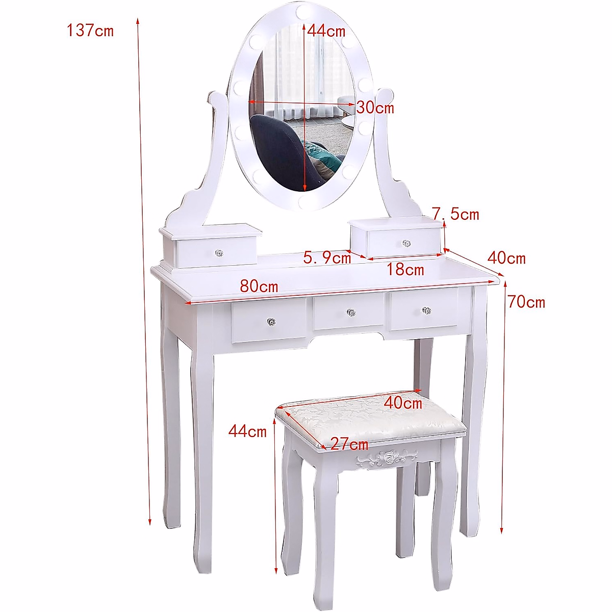 GIMMYFIVE Vanity Desk with Mirror and Lights, Wood Makeup Dressing Table with Oval Mirror & Stool,3 Colors Lighting Modes,Modern Bedroom Dressing Table with 5 Large Drawers for Kids Women Girls,White
