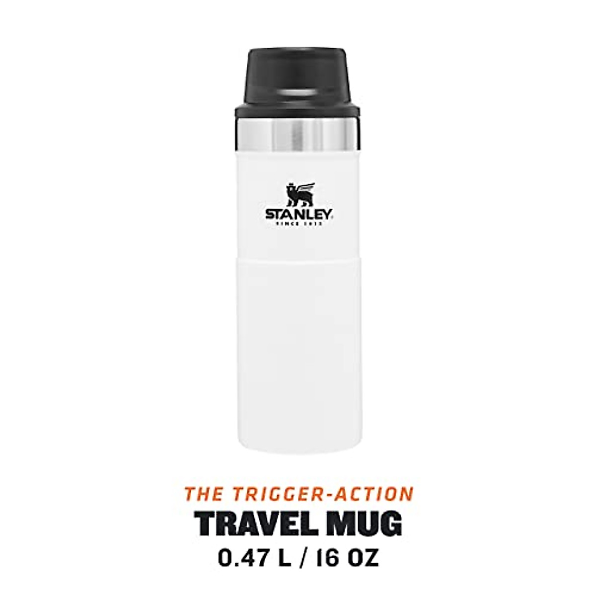 Stanley Trigger Action Travel Mug 0.47L Polar White – Keeps Hot for 7 Hours - BPA-free Stainless Steel Thermos Travel Mug for Hot Drinks - Leakproof Reusable Coffee Cups