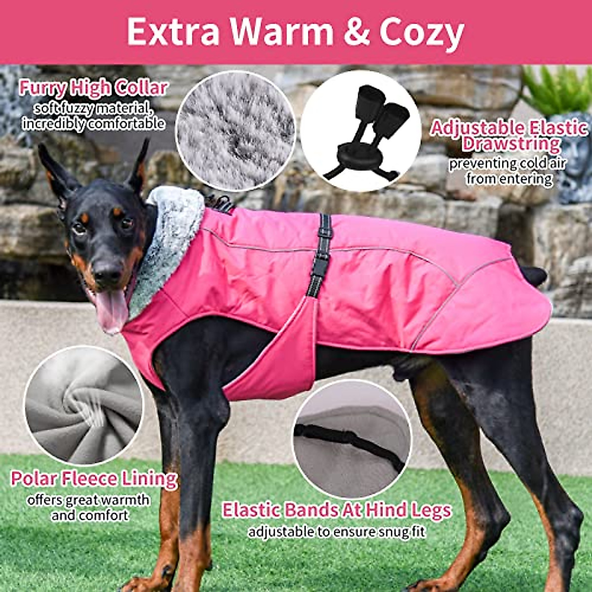 JOYPAWS Warm Dog Coat Dog Jackets with Furry Collar Pet Windproof Dog Sweater Adjustable Pets Apparel Padded Winter Dogs Coats Double D Ring Medium Large Dog Clothes Pink XL