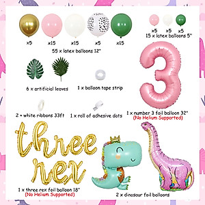 Sursurprise Dinosaur 3rd Birthday Decorations for Girl Three Rex Balloon Garland Arch Kit Pink Sage Green 3 Years Old Third Birthday Party Supplies