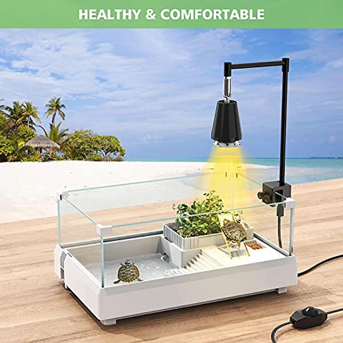 SILICAR Reptile Heat Lamp, UVA UVB Habitat Basking Lamp, Turtle Aquarium Tank Heating Lamp with Clamp, 360° Rotatable Adjustable Brightness Heating Light Metal Stand with 2 Heat Bulbs (E27, 50W)