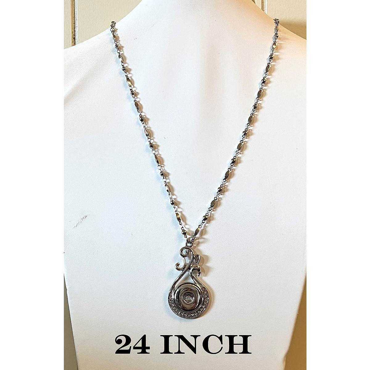 Hidden Hollow Beads Snap Interchangeable Women's Fashion Jewelry Necklace, 18" or 24" long, Fancy STRONG Stainless Steel Chain. Comes in a gift box. (24 Inch Chain, Swirls)