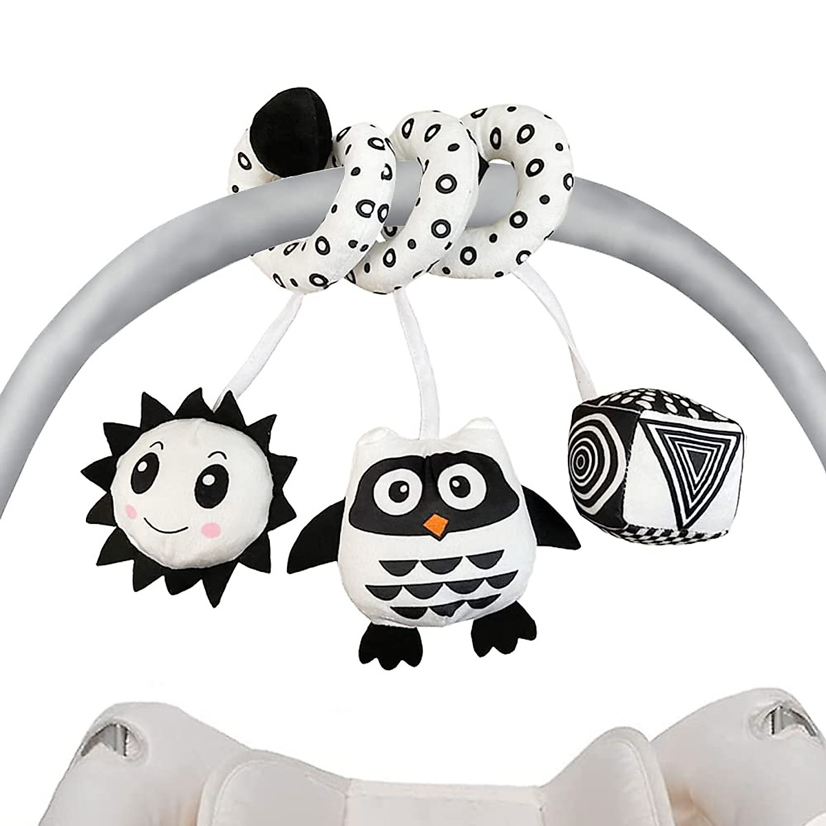 Hanging Toys for Car Seat Crib Mobile, Infant Baby Spiral Plush Toys for Crib Bed Stroller Car Seat Bar - Black and White Color Toy with Rattles Owl BB Squeaker Sun