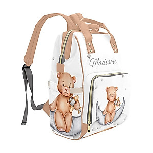 NZOOHY Teddy Bear Sits on Moon Personalized Name Diaper Bag Tote, Custom Waterproof Nursing Baby Bag Mummy Backpack for Mom Travel Outdoor 15'' X 10.83'' X 6.69''