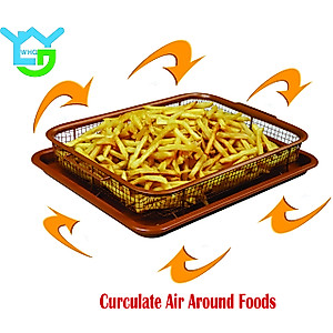 Deluxe Copper Crisper - 2-Pieces Nonstick Oven Air Fryer Pan/Tray & Mesh Basket Set - Air Fryer in Oven - Ideal for French Fry - Frozen Food, Baking Sheet without Oil - Bonus Pizza Cutter - WHG