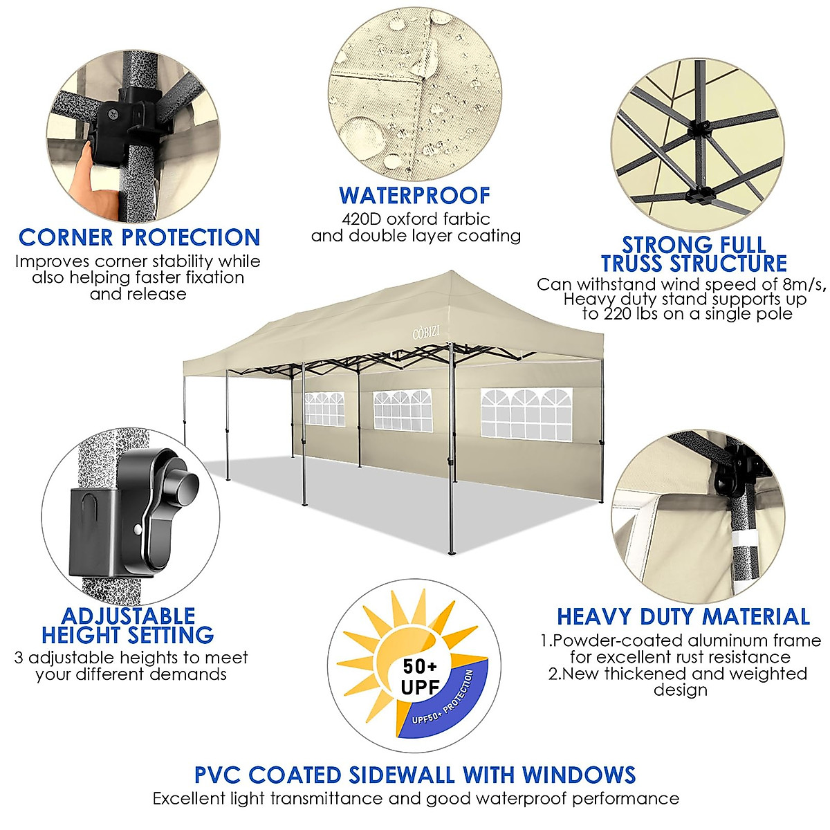 COBIZI 10x30 Heavy Duty Pop up Canopy with 8 sidewalls Stable Wedding Outdoor Tents for Parties Canopy Pop Up Party Tent UPF 50+ Waterproof Commercial Gazebo with Roller Bag, Khaki(Windproof Upgraded)