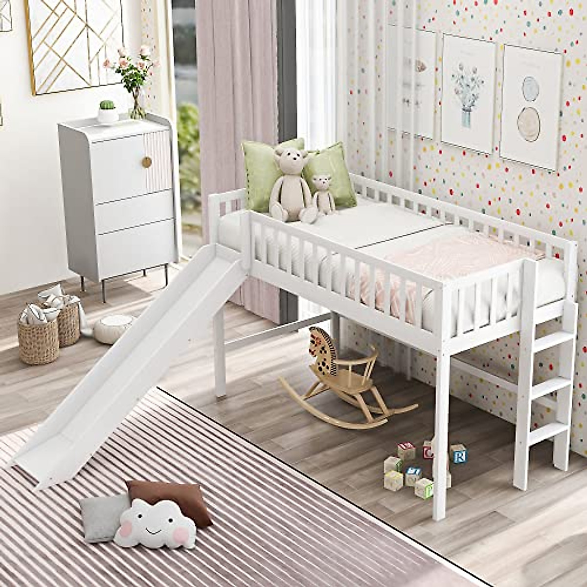 Harper & Bright Designs Twin Size Low Loft Bed Frame with Ladder and Slide for Kids,White